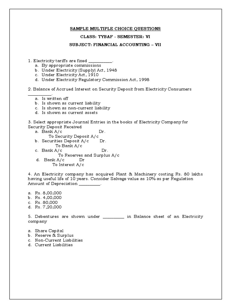 Baf Sem Vi Sample Multiple Choice Questions | PDF | Goodwill ...