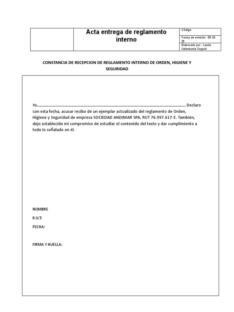 Entrega de Reglamento Interno | PDF