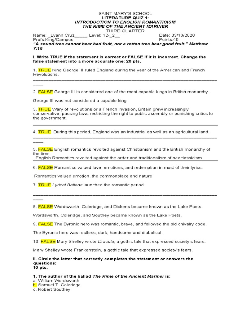 English Romanticism Quiz Guide | PDF | Romanticism | Poetry
