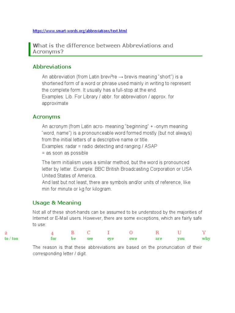 Difference Between Abbreviations and Acronyms | PDF