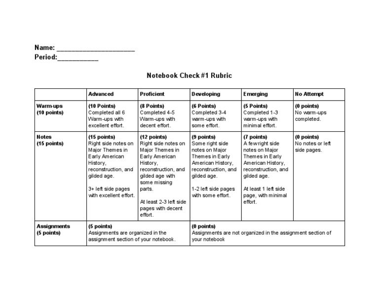 notebook check 1 rubric