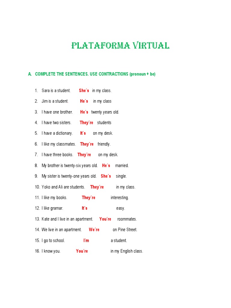 Plataforma Virtual: A. Complete The Sentences. Use Contractions ...