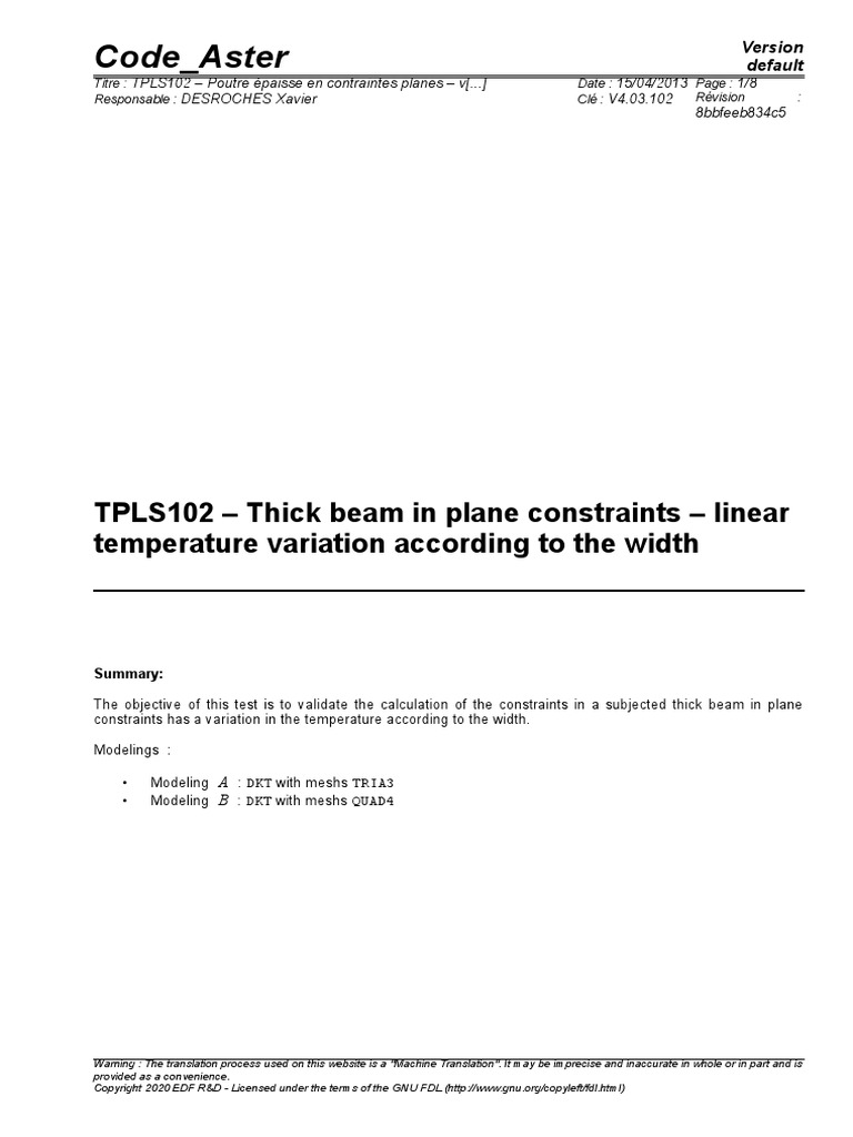 Code - Aster: TPLS102 - Thick Beam in Plane Constraints - Linear ...