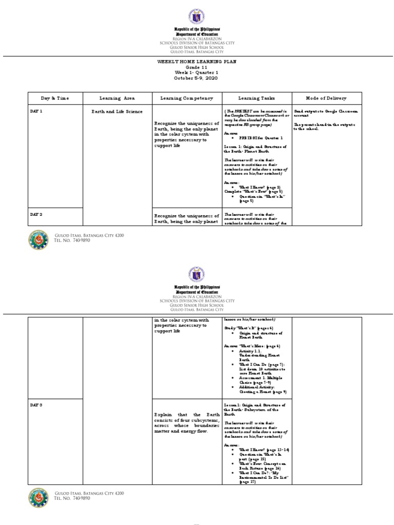 Weekly Home Learning Plan Grade 11 Week 1-Quarter 1 October 5-9, 2020 ...