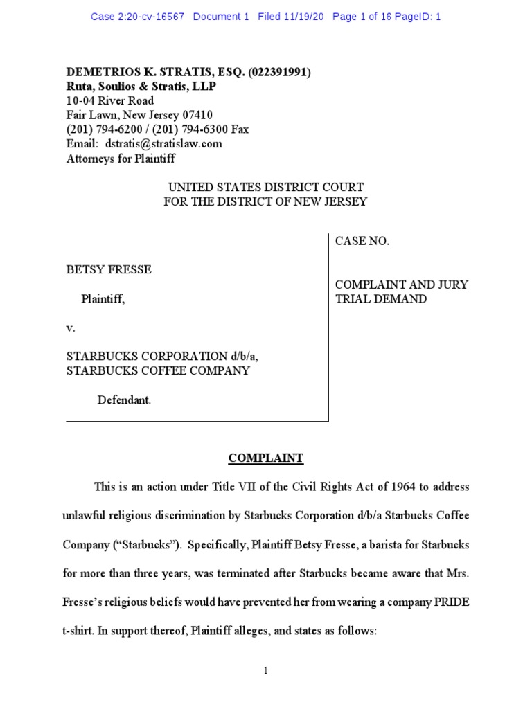 BETSY FRESSE v. STARBUCKS CORPORATION | PDF | Diversity Jurisdiction ...