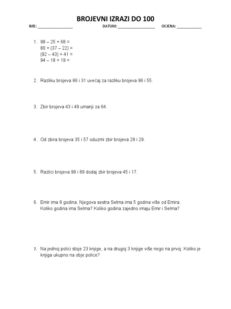 Brojevni Izrazi Do 100 | PDF