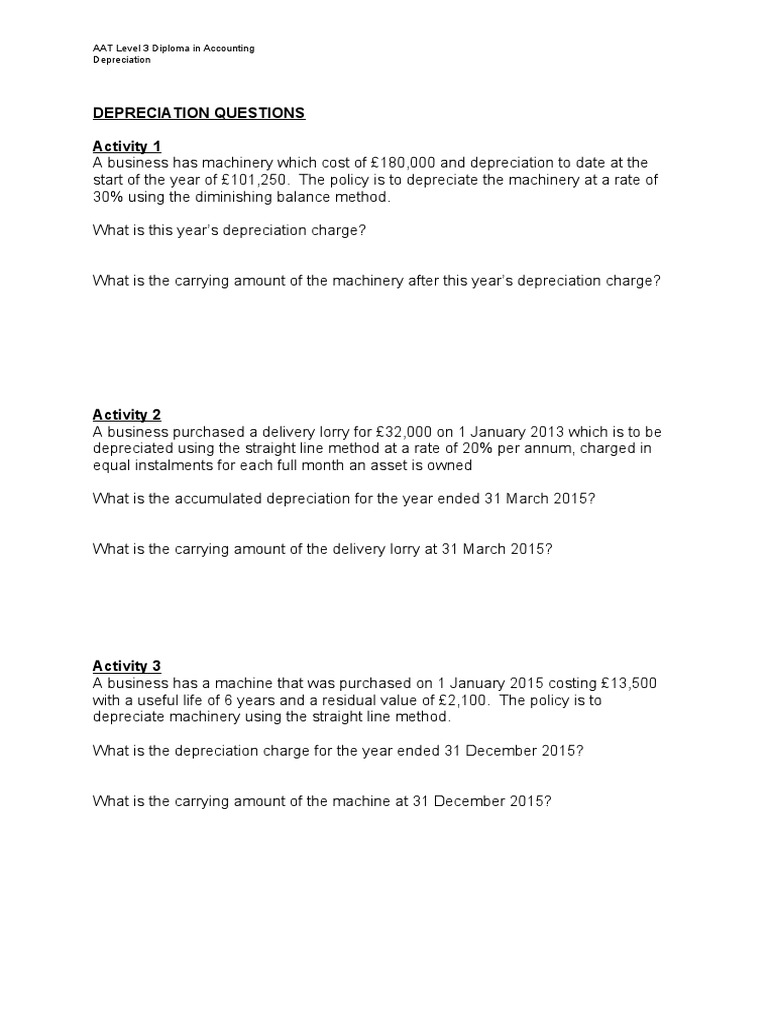 Depreciation Questions Activity 1: AAT Level 3 Diploma in Accounting ...