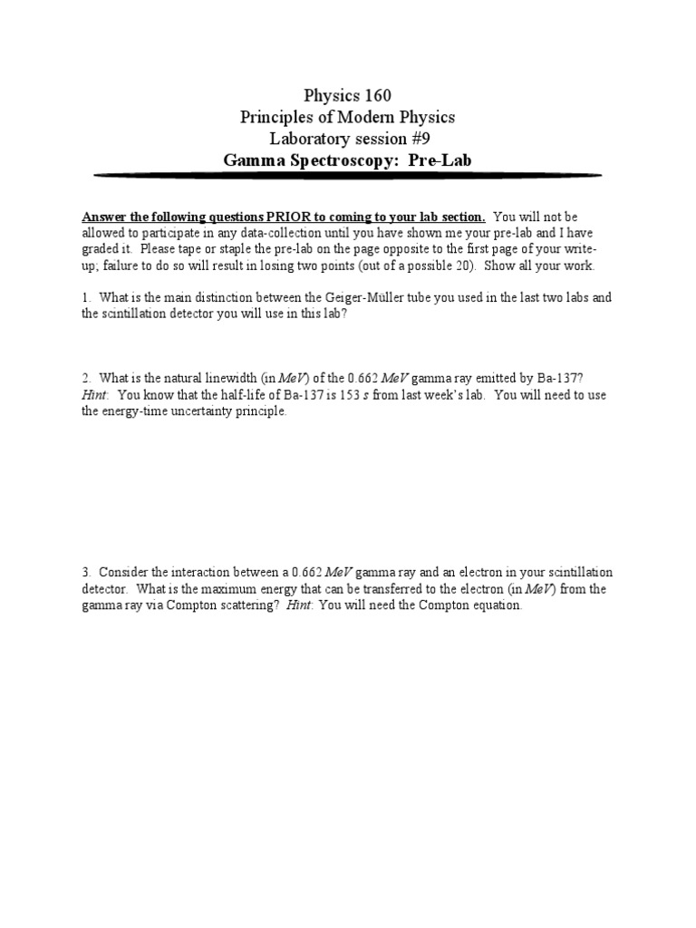 Gamma Spectroscopy: Pre-Lab: Physics 160 Principles of Modern Physics ...