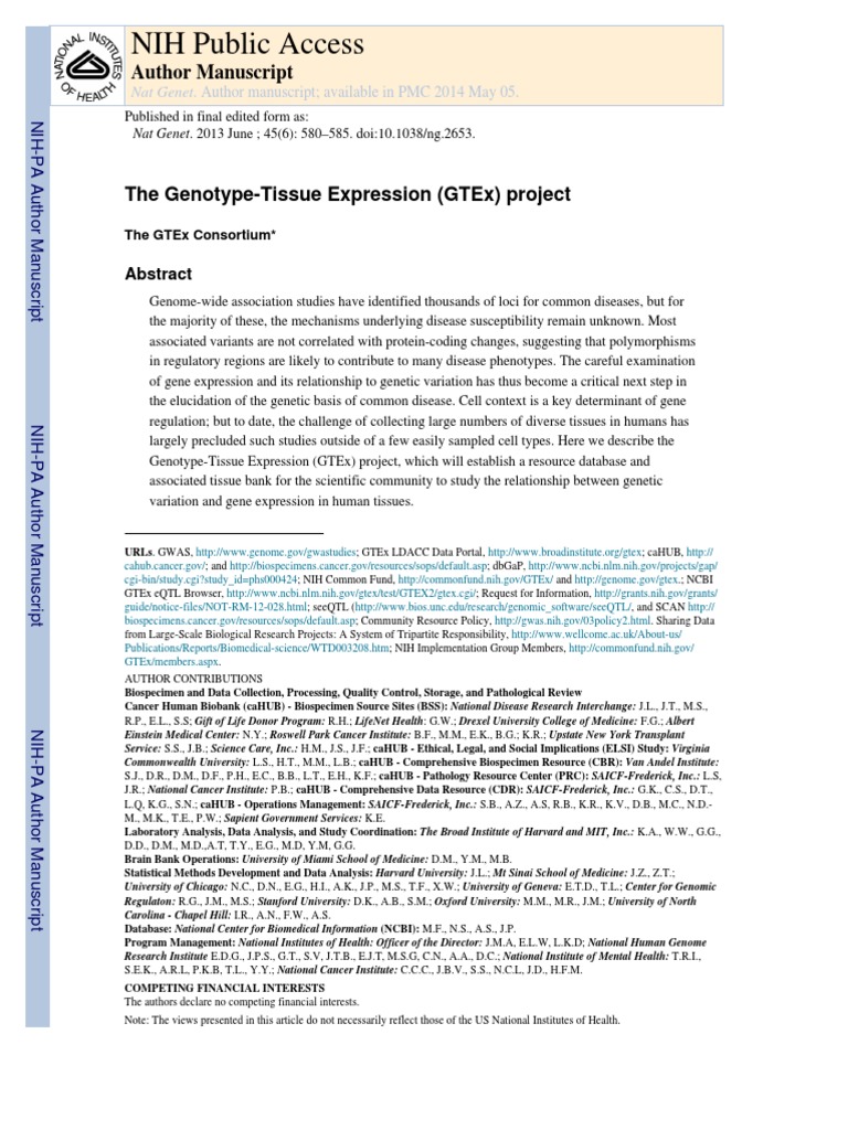 Nih Public Access: The Genotype-Tissue Expression (Gtex) Project | PDF ...