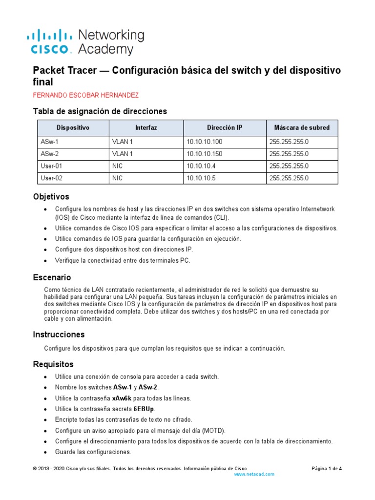 Configuración Básica de Switches Cisco | PDF | Dirección IP | Conmutador de red