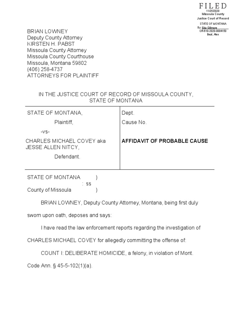 Affidavit of Probable Cause: Missoula County Justice Court of Record ...