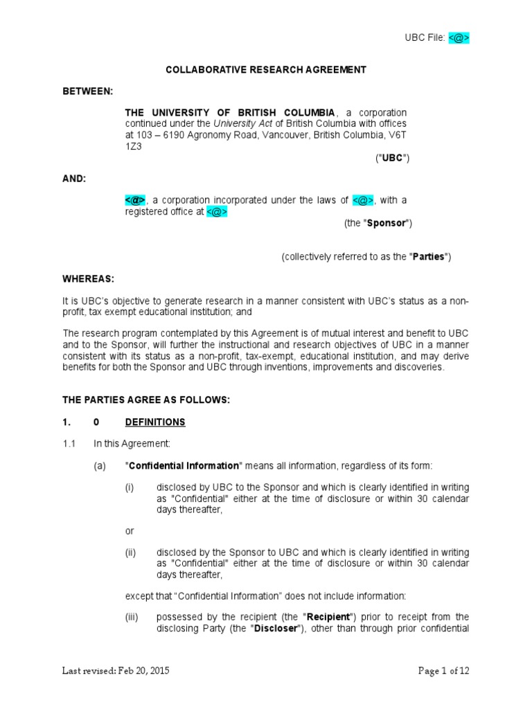 UBC Collaborative Research Agreement | PDF | Breach Of Contract | Patent