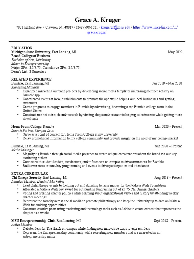 Grace Kruger Resume | PDF | Michigan State University | Lansing