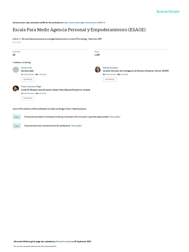 Escala para Medir Agencia Personal y Empoderamiento (ESAGE) | PDF