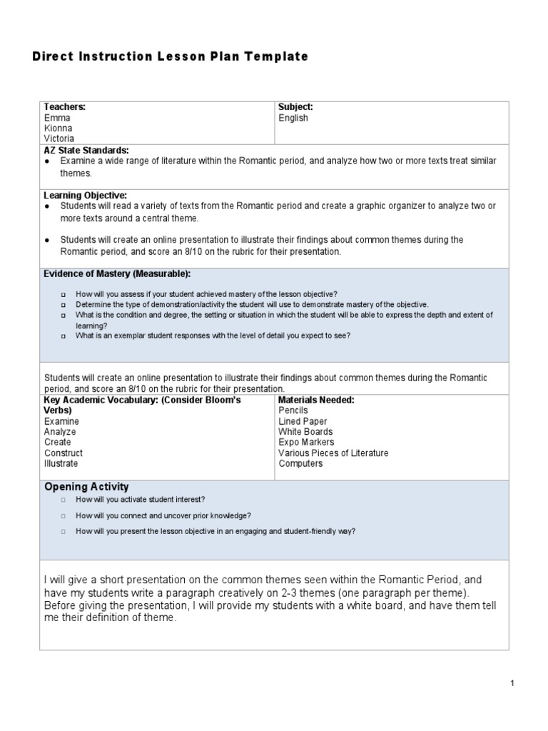 Direct Instruction Lesson Plan Template-Week 6 1 | PDF | Lesson Plan ...