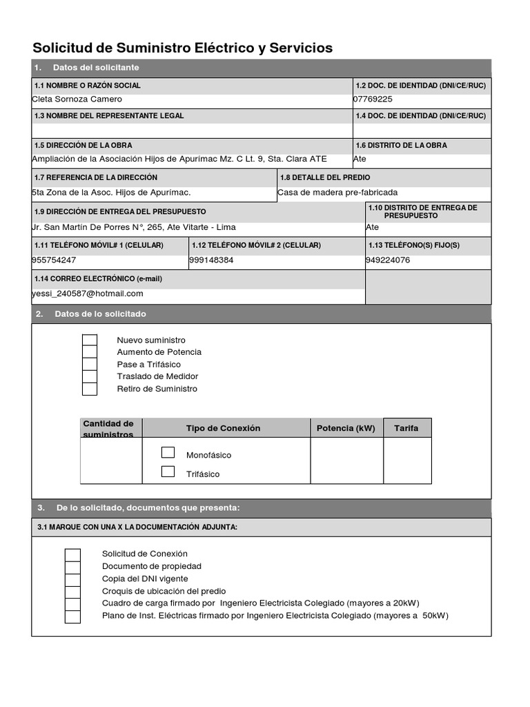 Solicitud de Suministro Eléctrico y Servicios 2018-2 | PDF | Electromagnetismo | Energia electrica