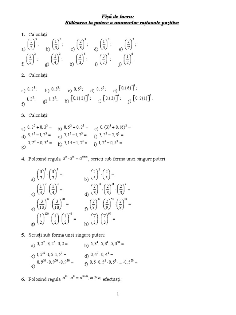 Fișă de Lucru: Ridicarea La Putere A Numerelor Raționale Pozitive | PDF