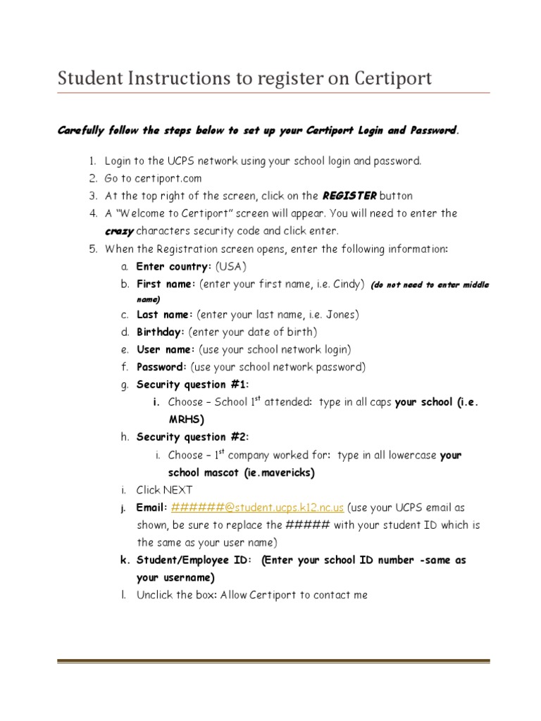 Student Instructions To Set Up Certiport ID | PDF | Login | Password