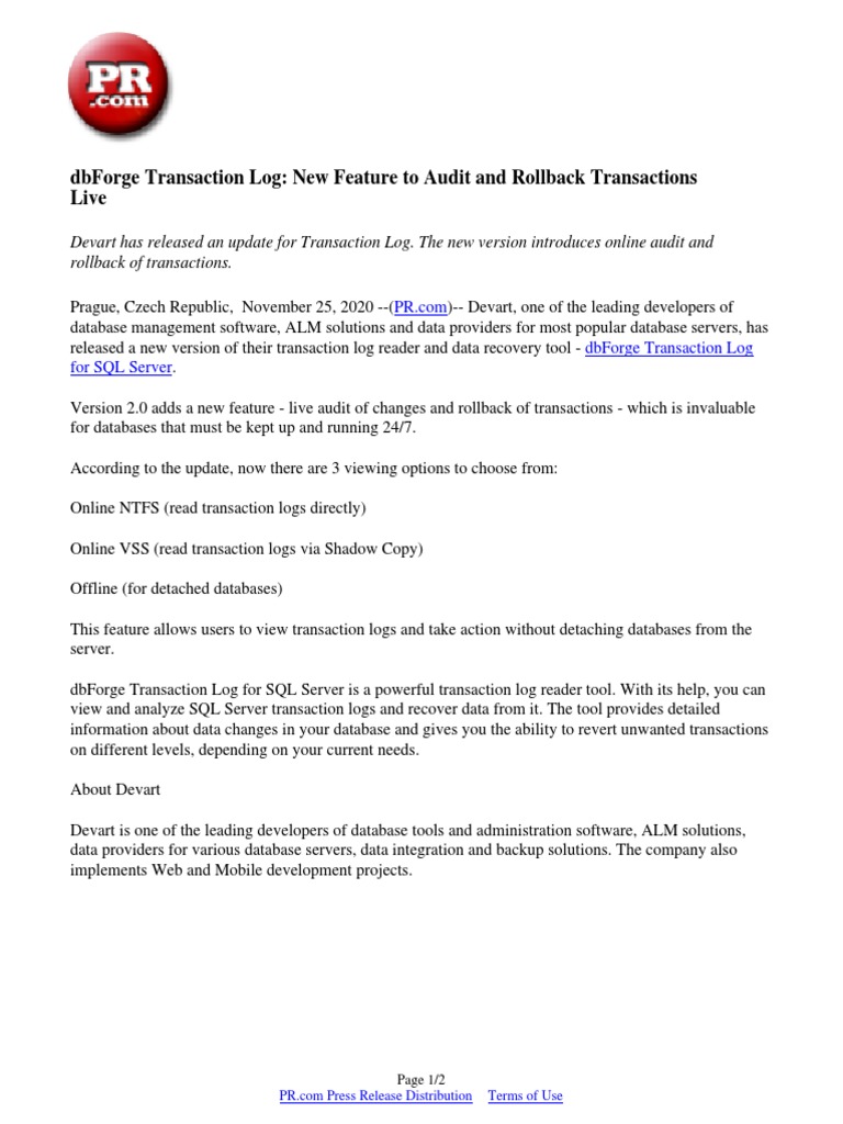 Dbforge Transaction Log: New Feature To Audit and Rollback Transactions Live | PDF | Database ...