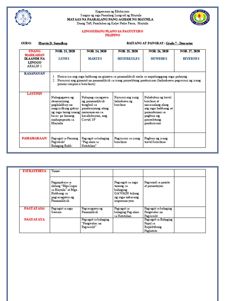 Weekly-Plan-Grade 7 (Nobyembre 23-26) | PDF