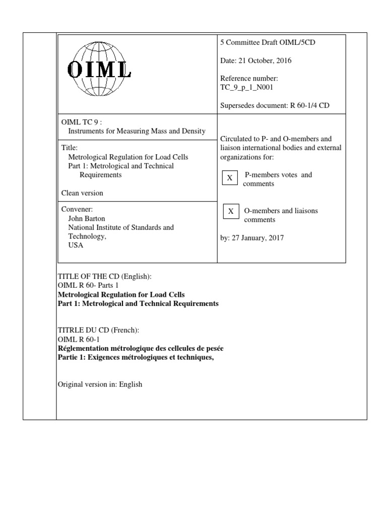 OIML R 60-1: Metrological Regulation for Load Cells Part 1 ...