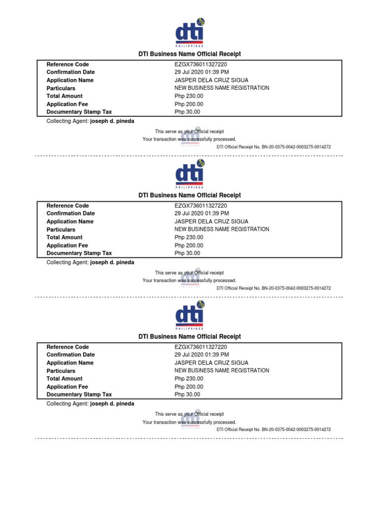 DTI Business Name Official Receipt | PDF | Receipt | Public Finance