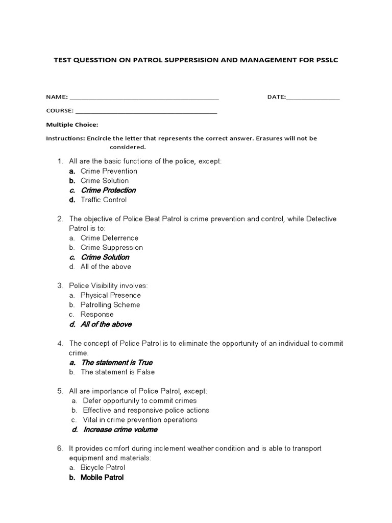 Exam On Patrol Supervision and Management | PDF | Police | Crime Prevention