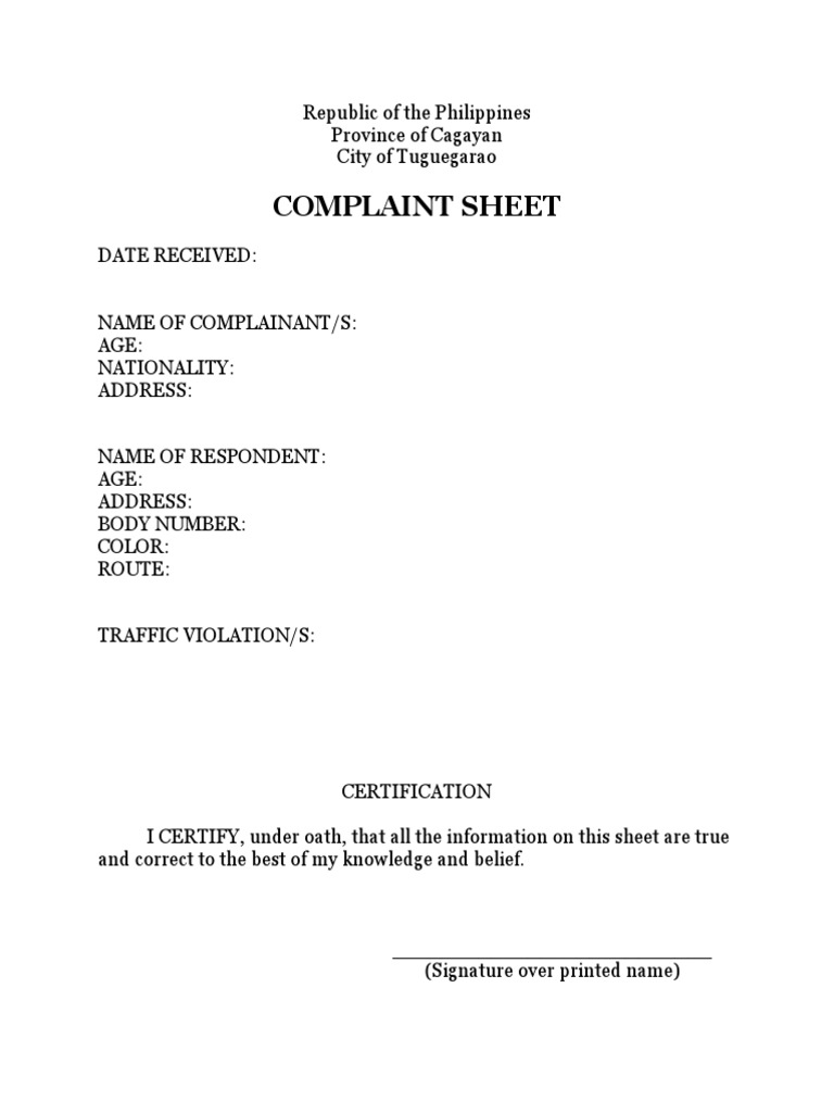 Complaint Sheet | PDF