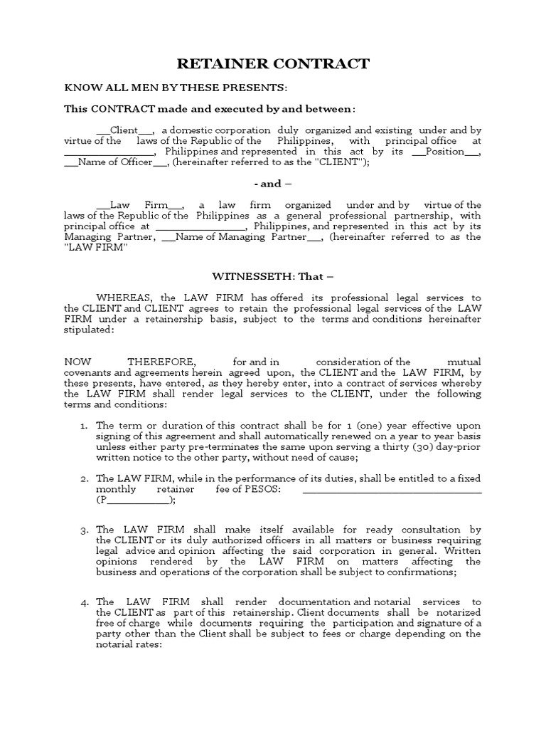 Retainer Contract: Know All Men by These Presents: This CONTRACT Made ...