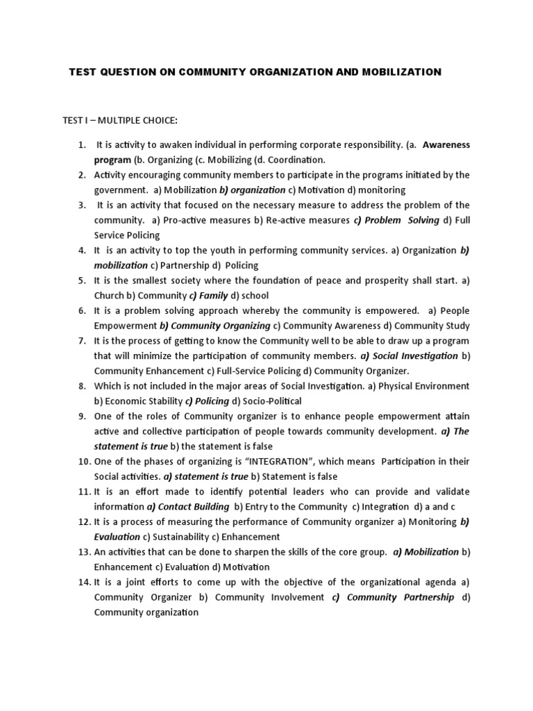 Test Question On Community Organization and Mobilization | PDF ...