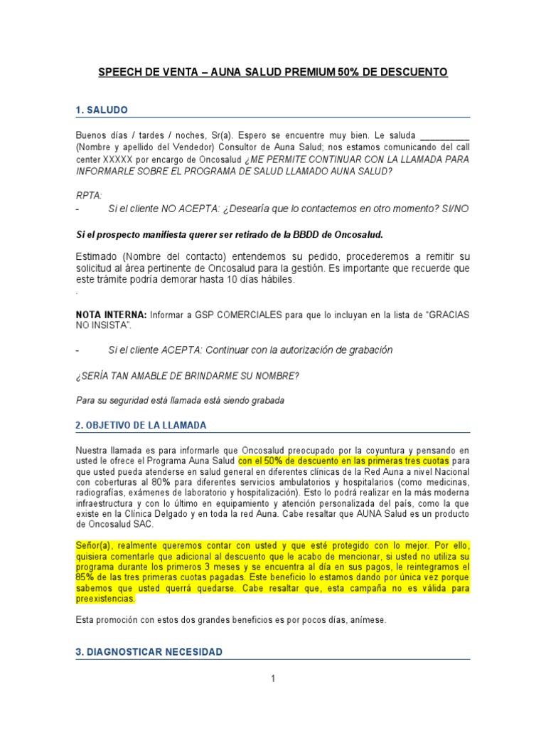 SPEECH DE VENTA AUNA SALUD PREMIUM 50% DE DESCUENTO - VF - LPDP - Rev29.05prod | PDF | Visa Inc ...