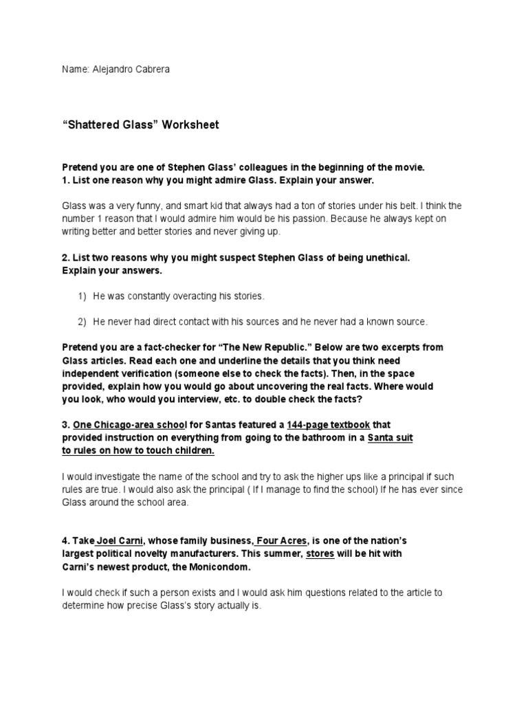 Shattered Glass Worksheet Analysis | PDF | Social Science | General Fiction