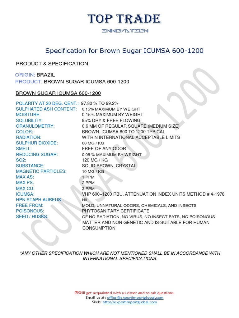 Specification For Brown Sugar ICUMSA 600-1200 | PDF