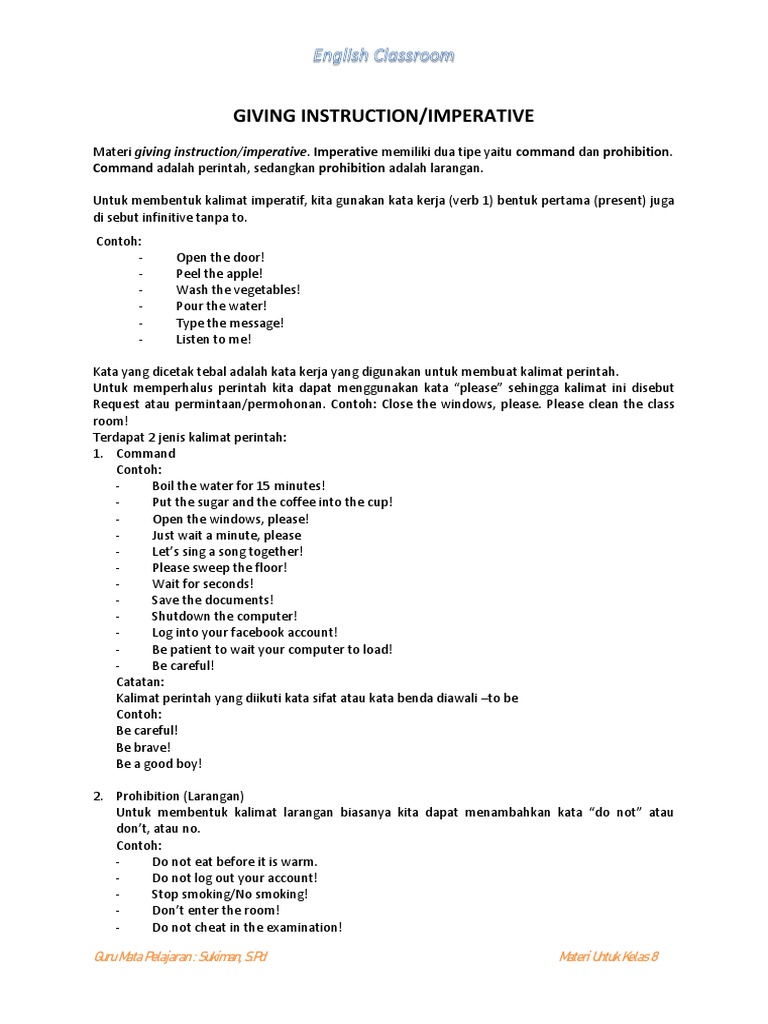 Contoh Kalimat Giving Instruction | PDF