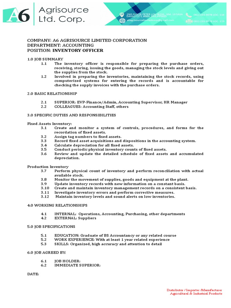Inventory Officer Job Description | PDF | Inventory | Accounting