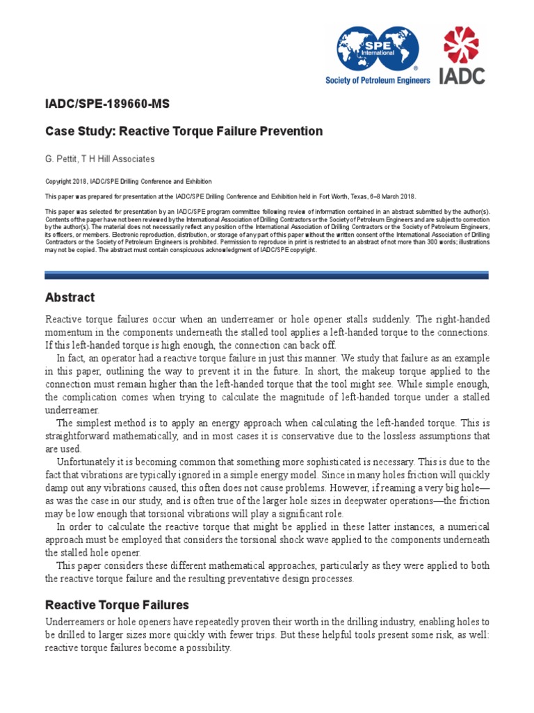 IADC/SPE-189660-MS Case Study: Reactive Torque Failure Prevention | PDF ...