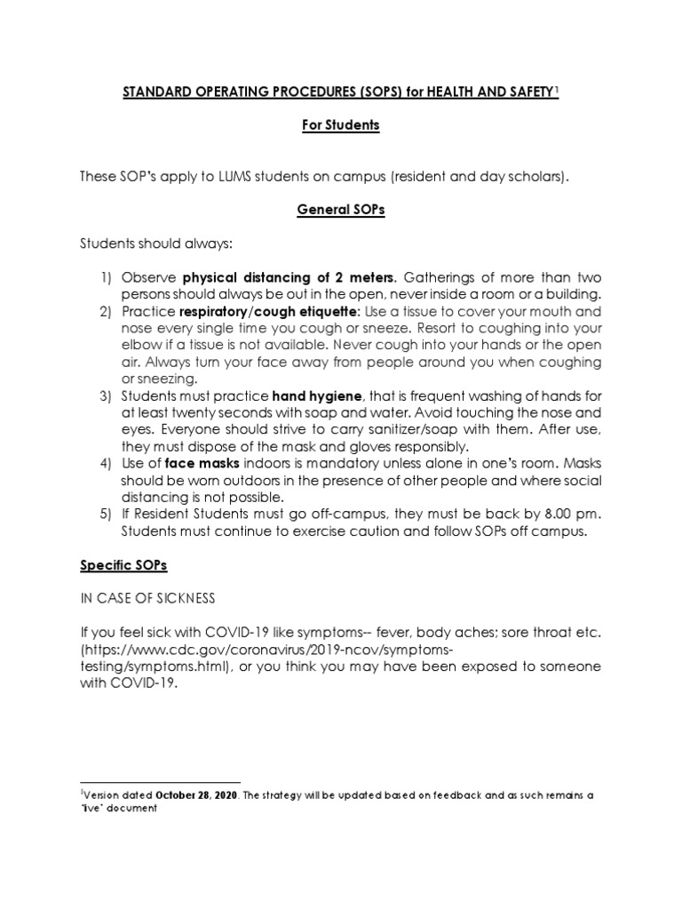 Standard Operating Procedures (Sops) For Health and Safety For Students ...