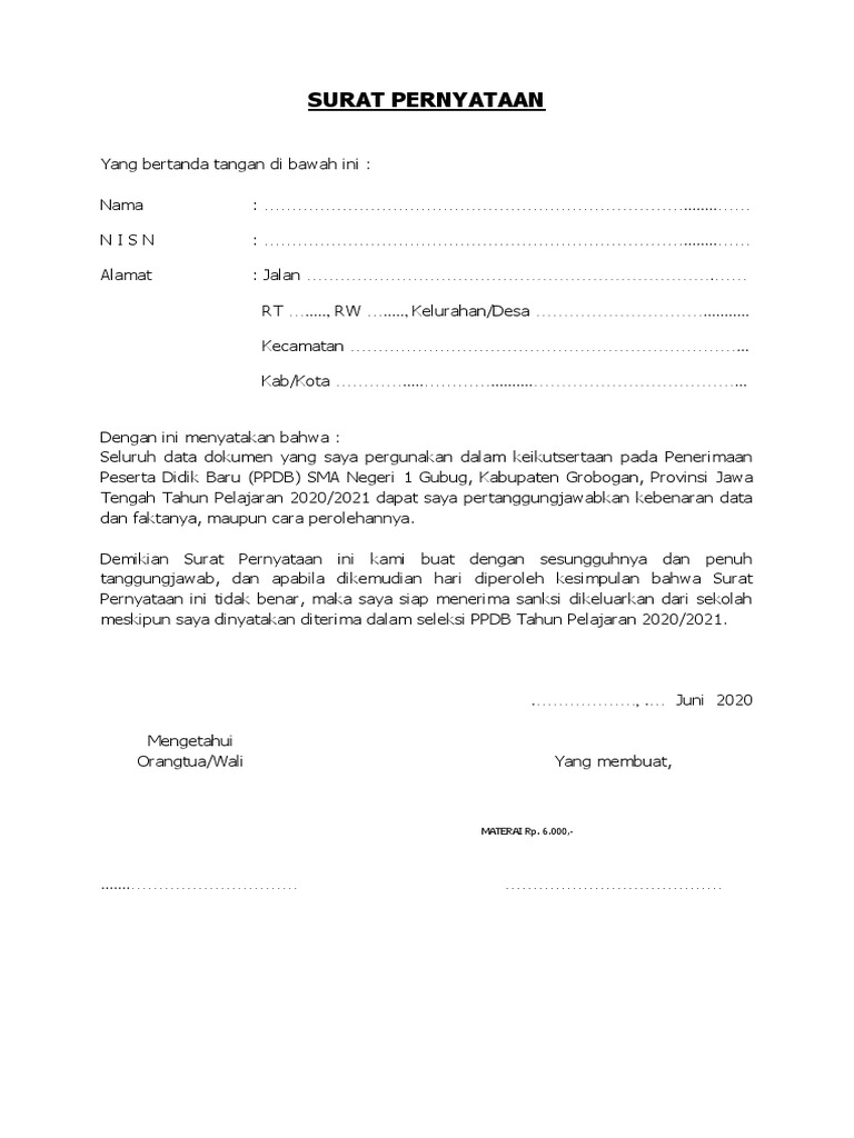 Surat Pernyataan PPDB | PDF