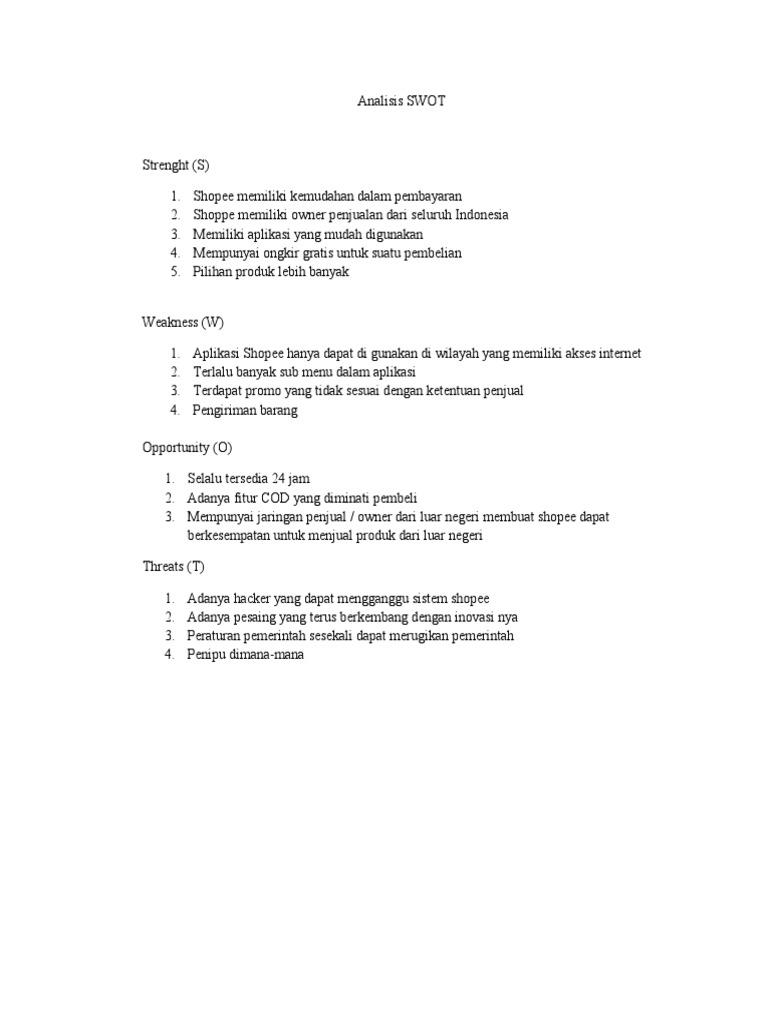Analisis Matriks SWOT Shopee | PDF