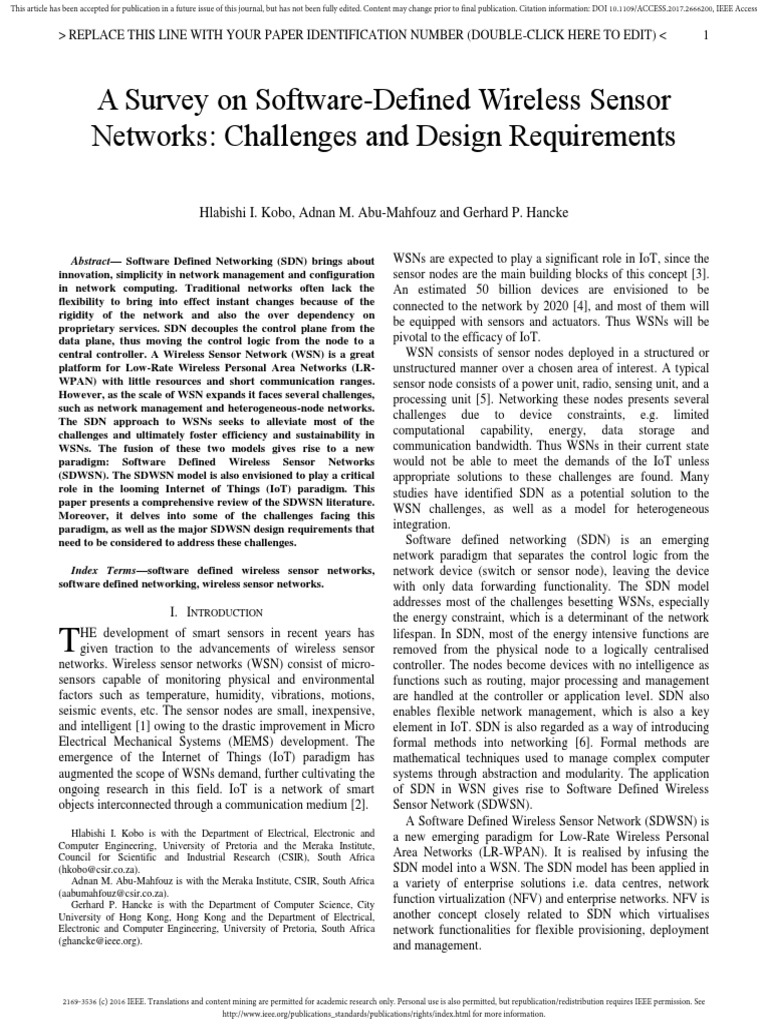 A Survey On Software-Defined Wireless Sensor Networks: Challenges and Design Requirements | PDF ...