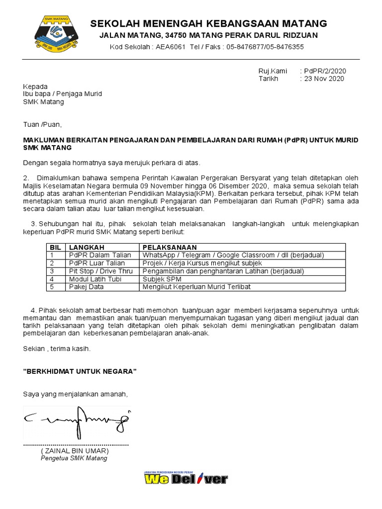 Surat Makluman PDPR Murid SMK Matang | PDF
