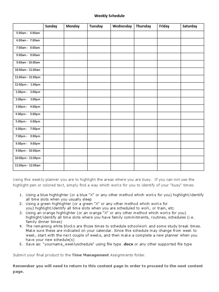 Sunday Monday Tuesday Wednesday Thursday Friday Saturday: Weekly ...