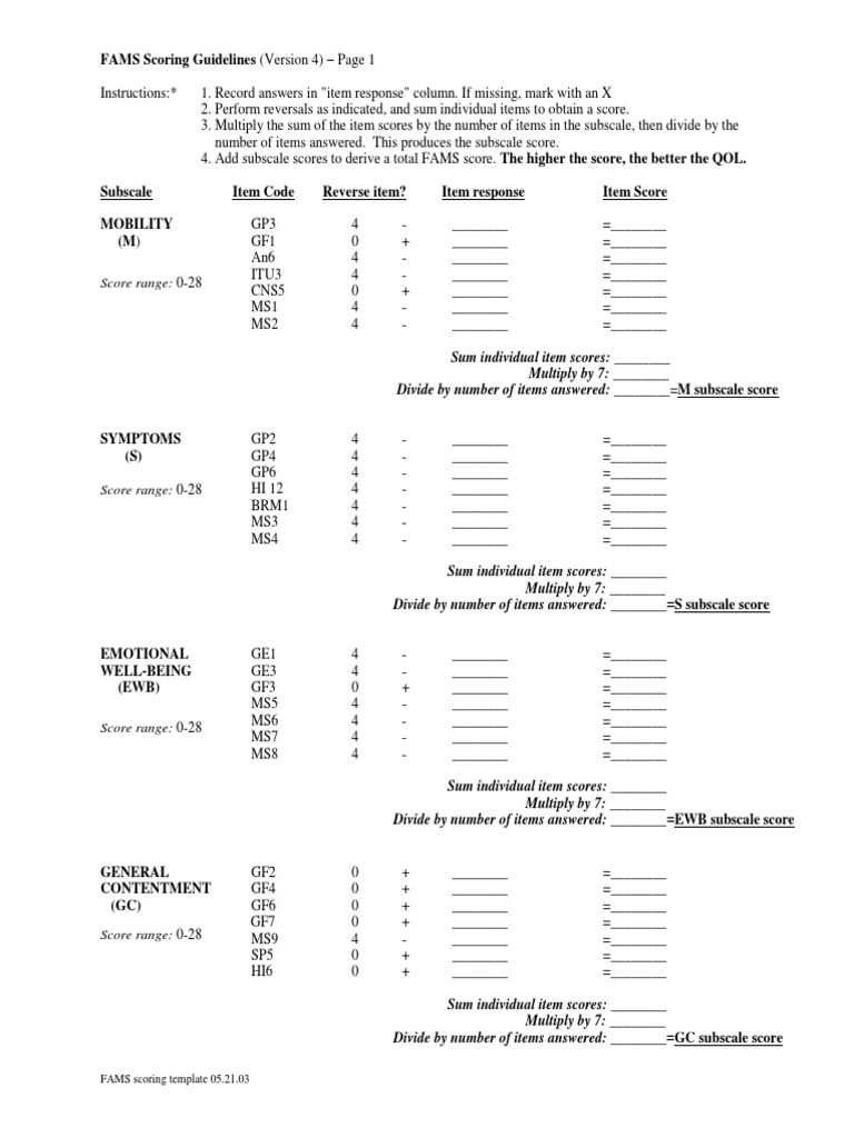FAMS Scoring Template and Guidelines | PDF | Psychology | Behavioural ...