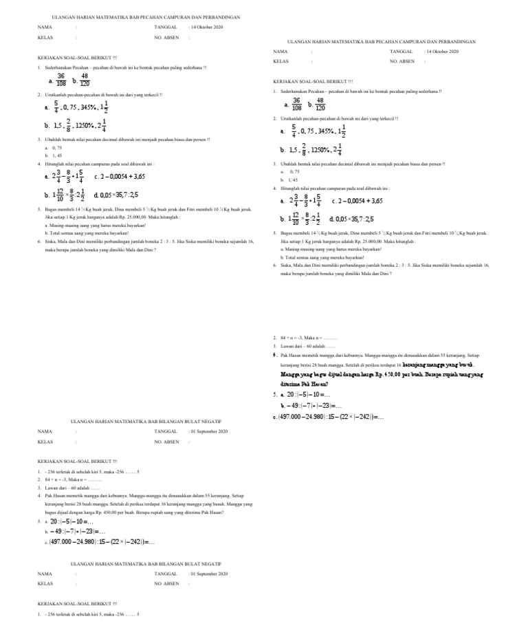 Ulangan Pecahan Dan Perbandingan | PDF