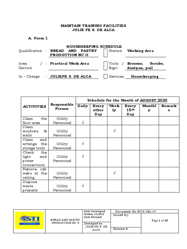Bread and Pastry - Maintenace Checklist PDF | PDF | Housekeeping | Home