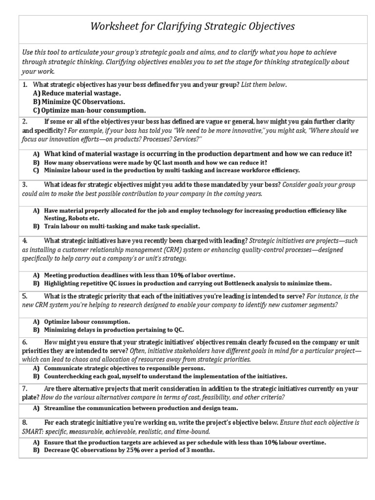 Strategic Objectives Clarification Worksheet | PDF | Goal | Customer ...