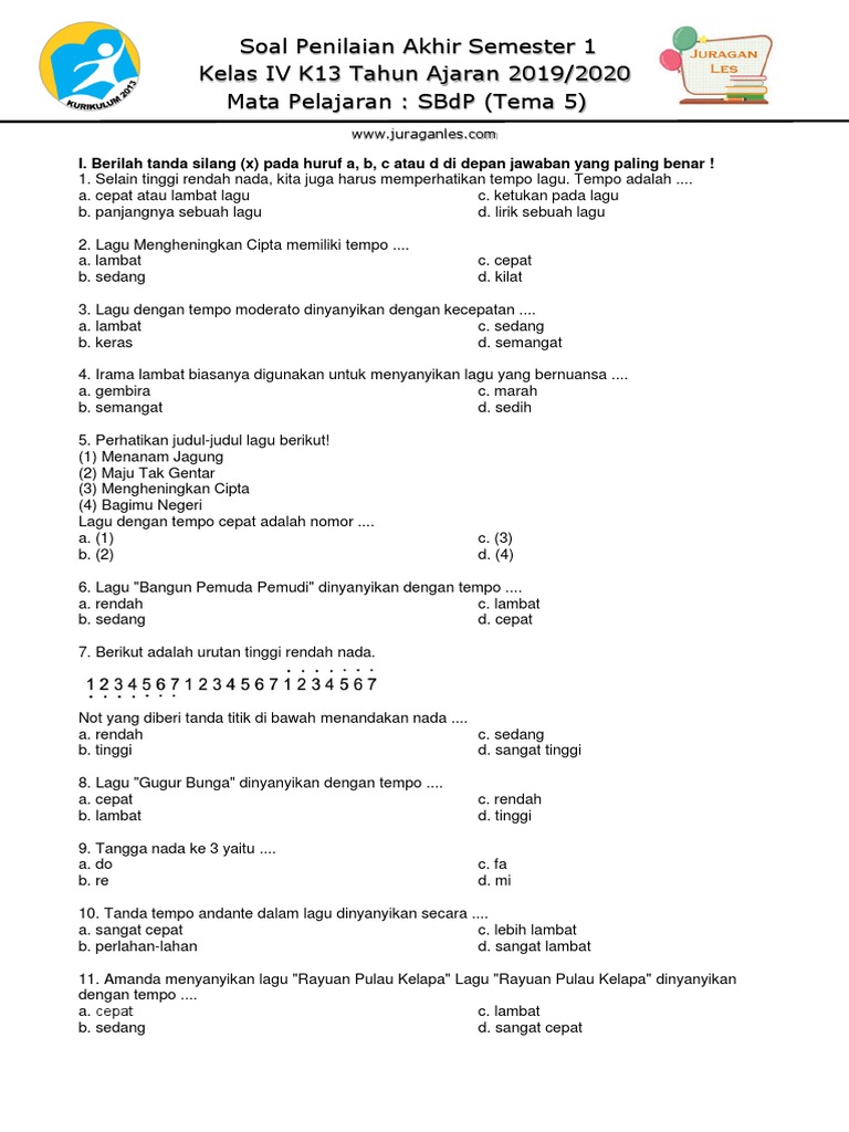 Soal Tema 5 Kelas 4 Mapel SBDP PDF | PDF