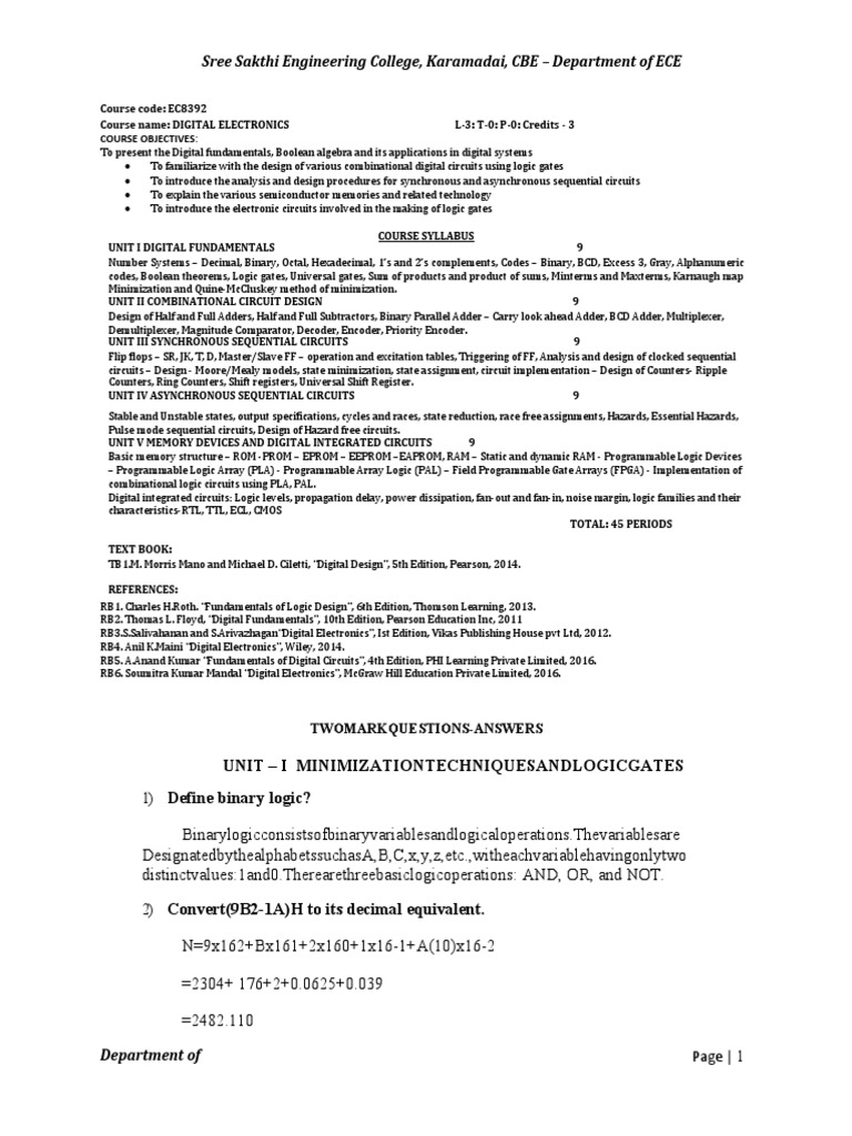 EC8392-DE Question Bank With Answers 1 | PDF | Read Only Memory | Logic Gate