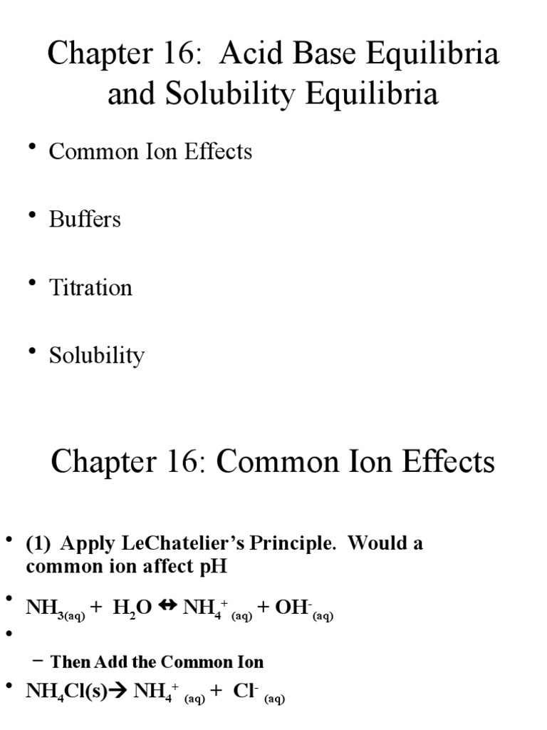 Chapter 16 Acid Base Equilibria And Solubility Equilibria Common Ion Effects Buffers