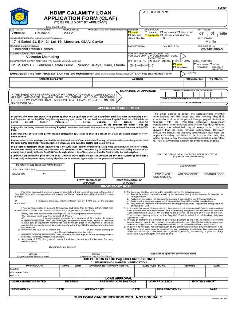 HDMF Calamity Loan Application Form (Claf) | PDF | Loans | Interest